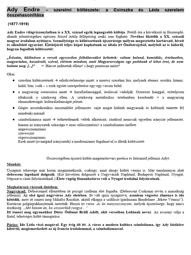 Ady Endre Szerelmi Költészete | PDF