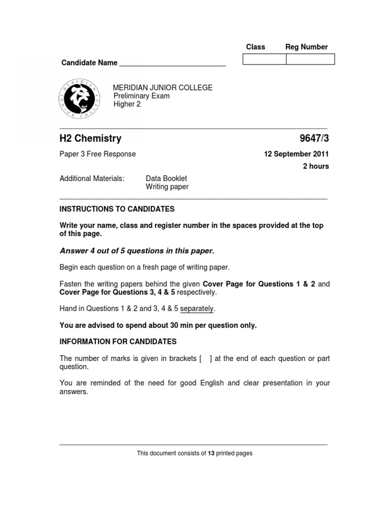 MJC 2011 H2 Chem Paper 3 No ANSWERS | PDF | Nitrogen | Nitric Acid