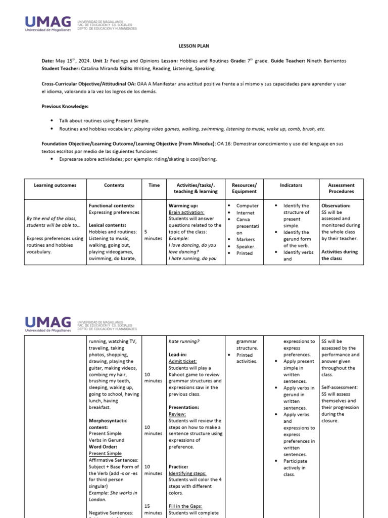 Lesson Plan and Script First Supervision Catalina Miranda | PDF ...