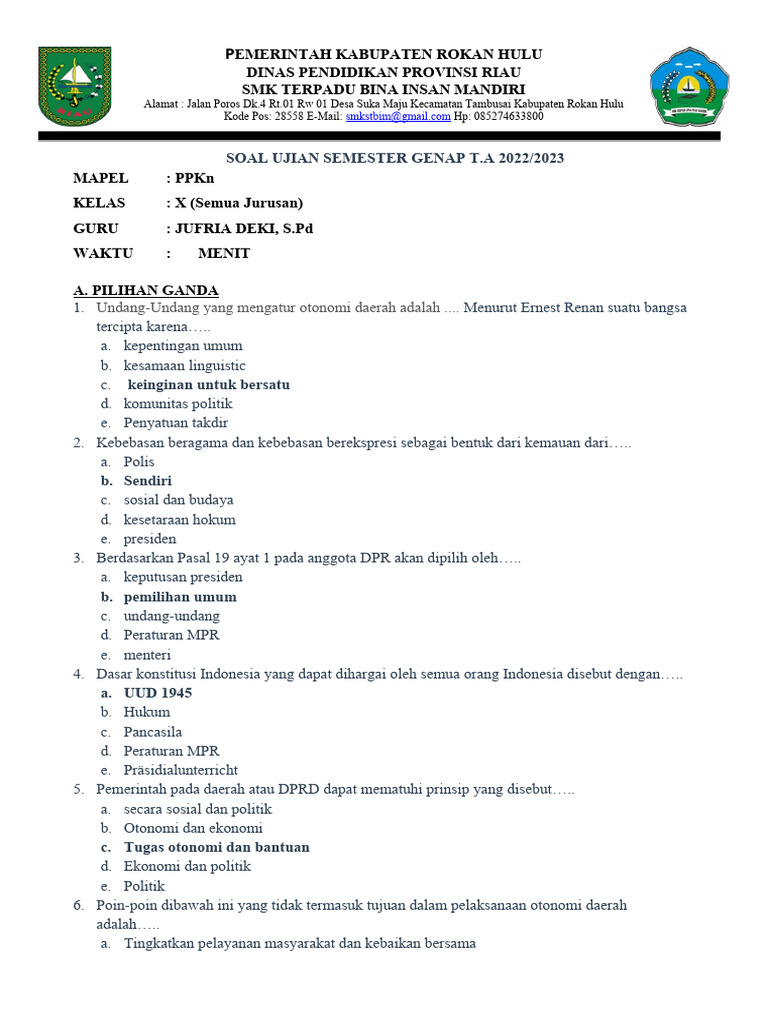 Soal PPKN X | PDF | Politik