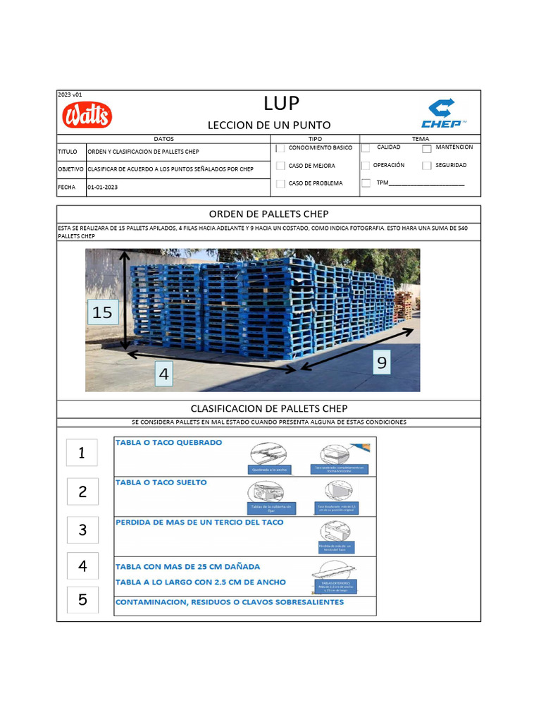 Clasificación y Mantenimiento de Pallets CHEP | PDF