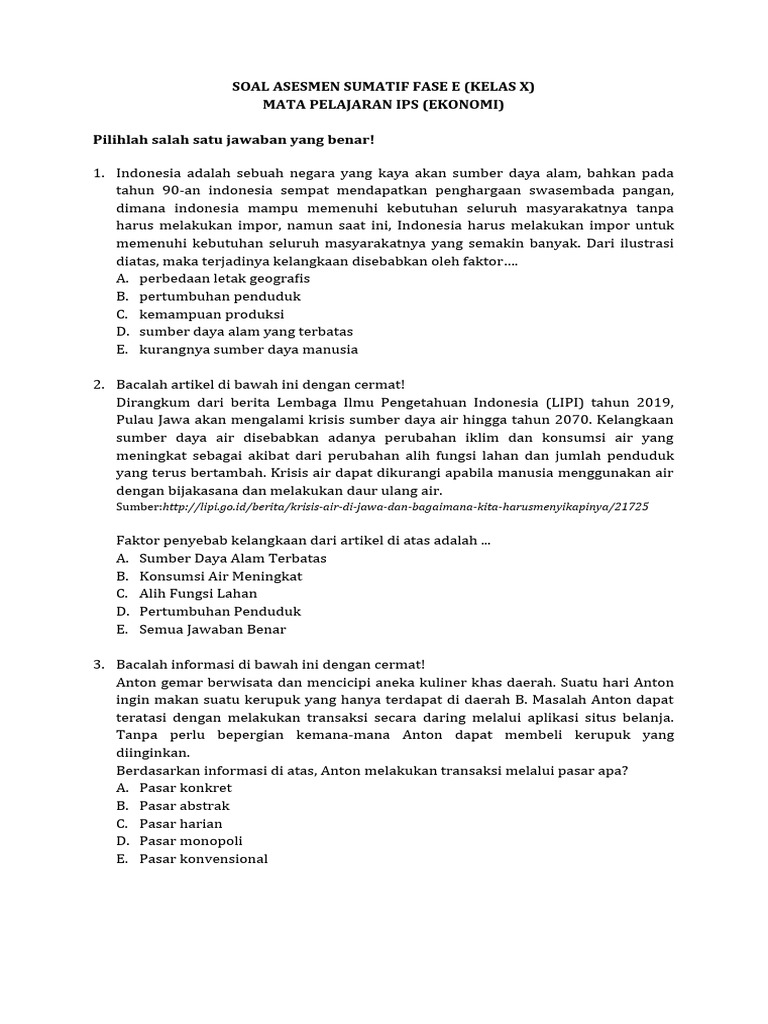 Soal Asesmen Sumatif Kelas X Ekonomi | PDF