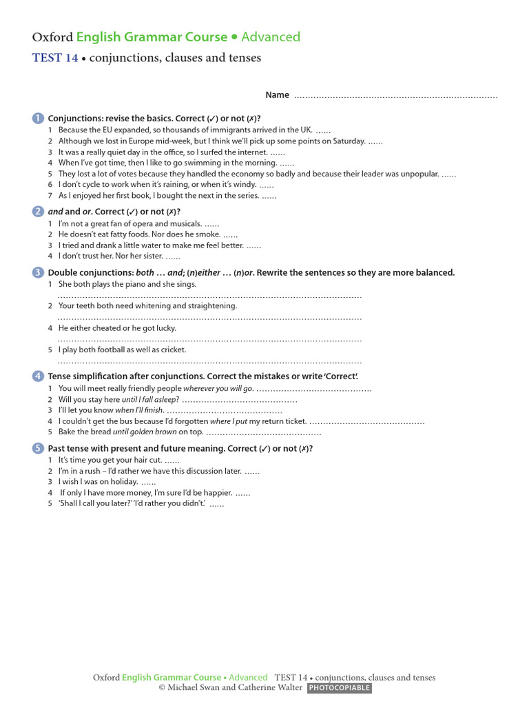 Advanced Test 14 Conjunctions, Clauses and Tenses | PDF