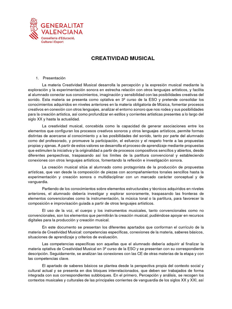 Creatividad Musical | Descargar gratis PDF | Aprendizaje | Evaluación