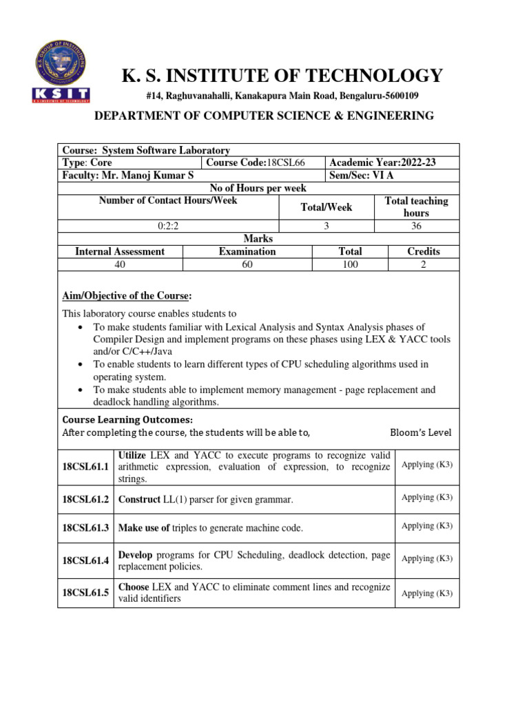18csl66 Sscdlab Co-Po Mapping | PDF | Parsing | Computer Program