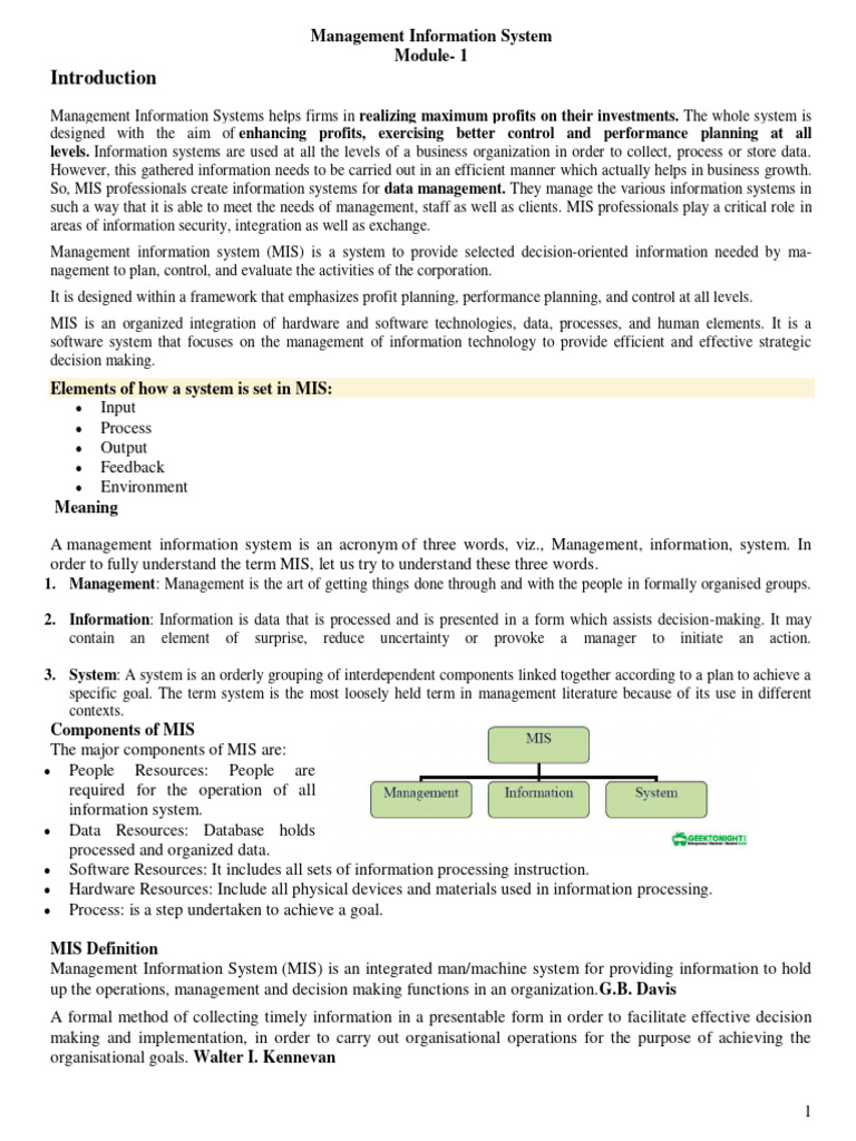 MIS - 1st Module | PDF | Information System | Management Information System