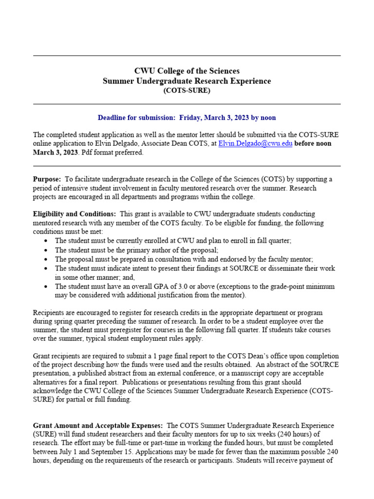 2023-COTS-SURE-application-instruction-packet | PDF | Budget | Experience