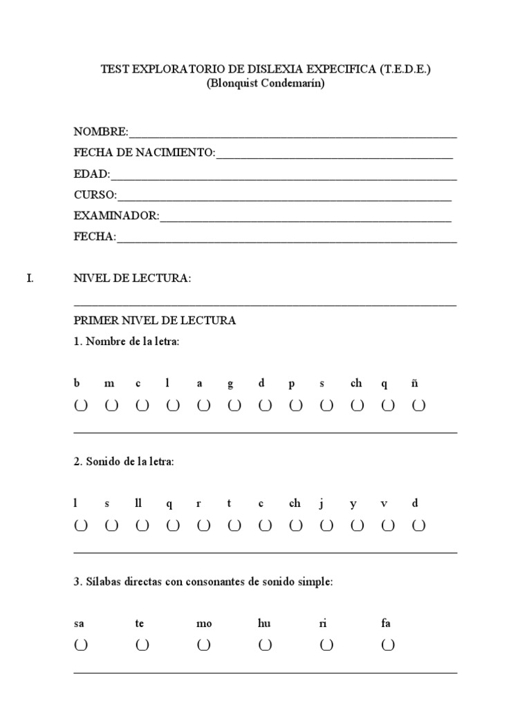 Test Exploratorio de Dislexia Expecifica | PDF | Fonética | Lingüística