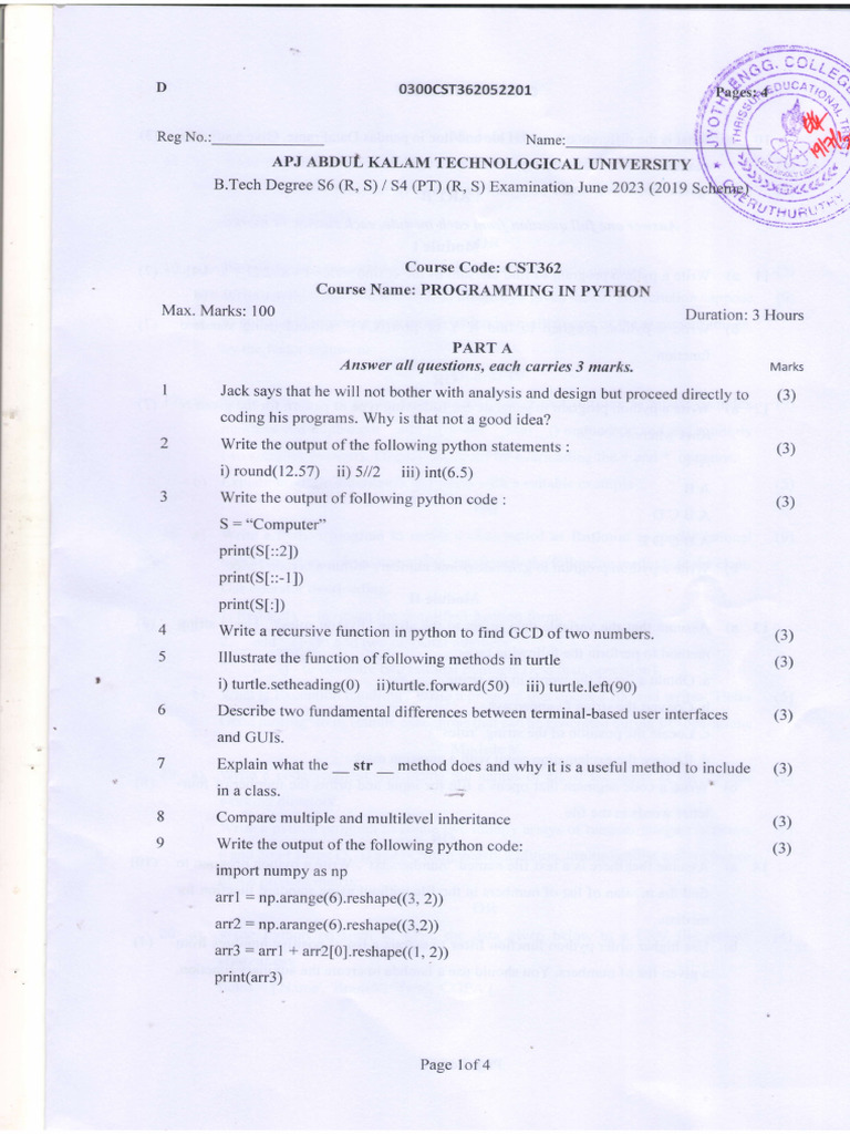 Cst362 Programming In Python June 2023 Pdf Python Programming 0791