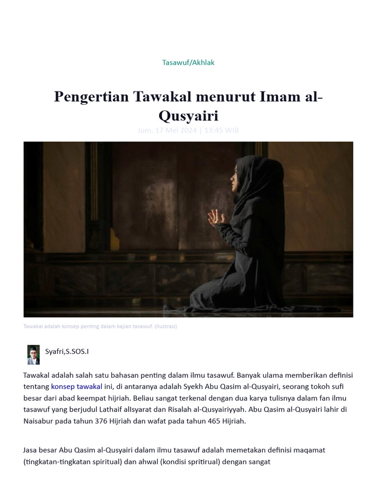 Pengertian Tawakal Menurut Imam Al-Qusyairi | PDF