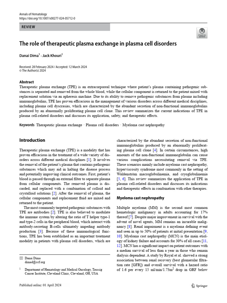 The Role of Therapeutic Plasma Exchange in Plasma Cell Disorders | Download Free PDF | Multiple ...