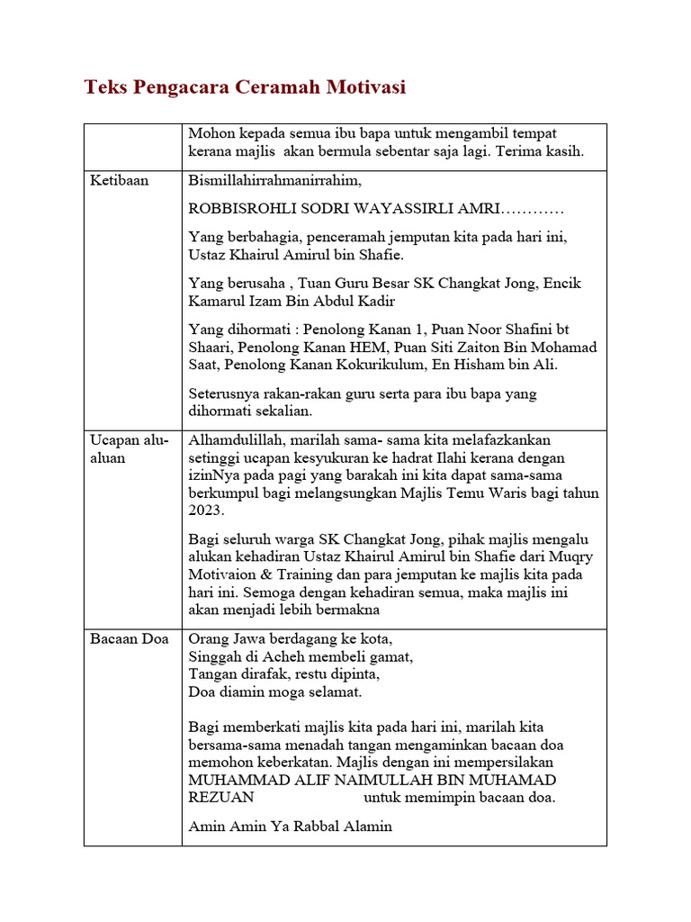 Teks Pengacara Ceramah Motivasi | PDF