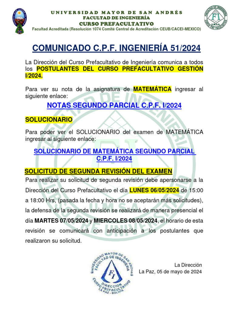 Comunicado C.P.F. 51-2024 Notas Segundo Parcial Mat CPF I-2024 | PDF