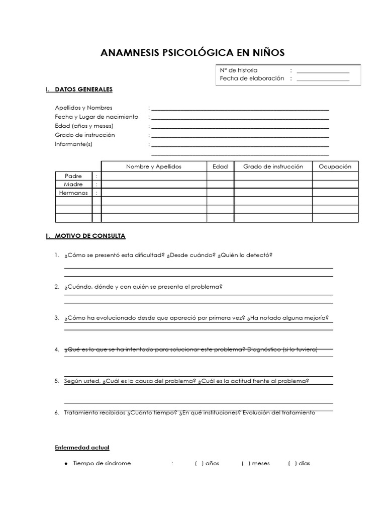 Anamnesis Psicológica Niños | PDF | Parto | El embarazo