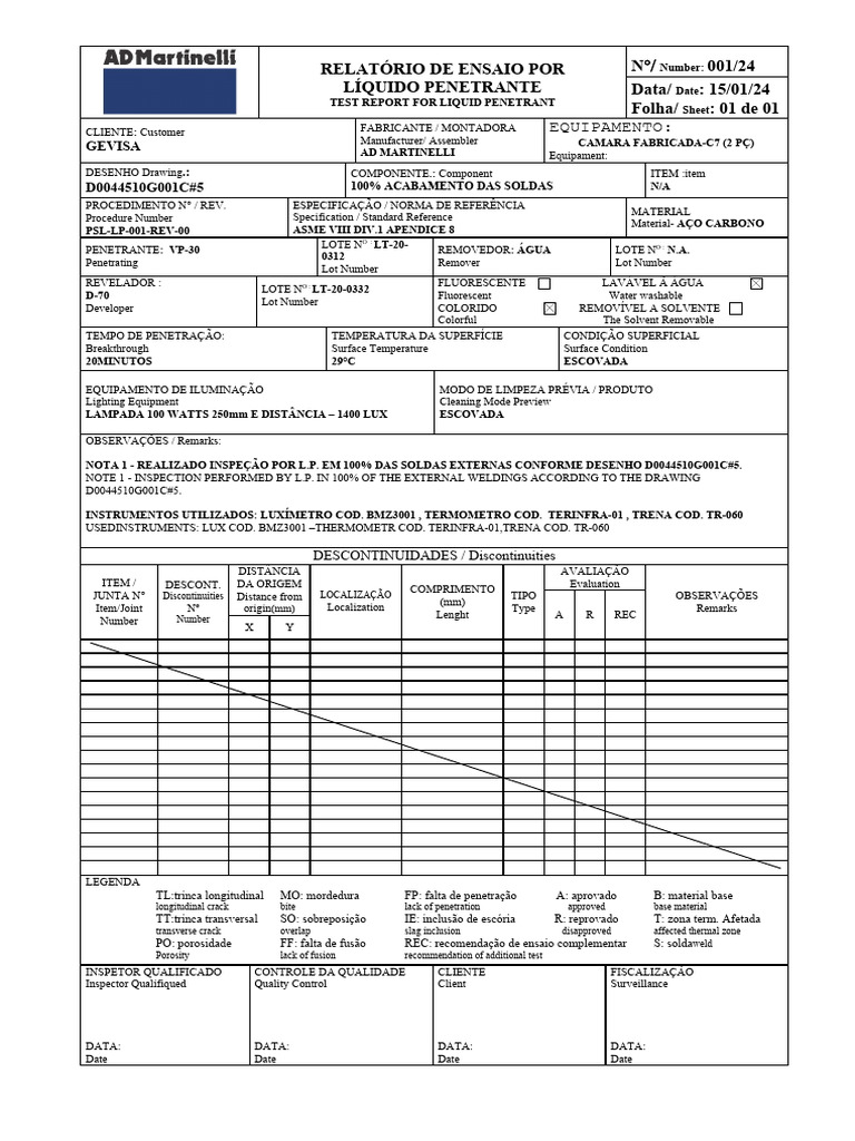 Relatório de Ensaio Por Líquido Penetrante - 001-24 | PDF