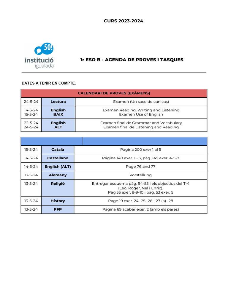 1 ESO B - AGENDA D'EXAMENS I DEURES (15) | PDF