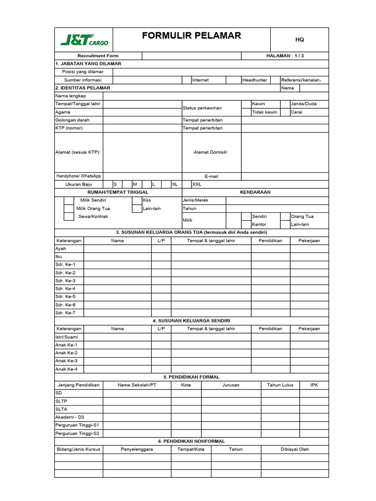 Formulir Pelamar J&T Cargo | PDF