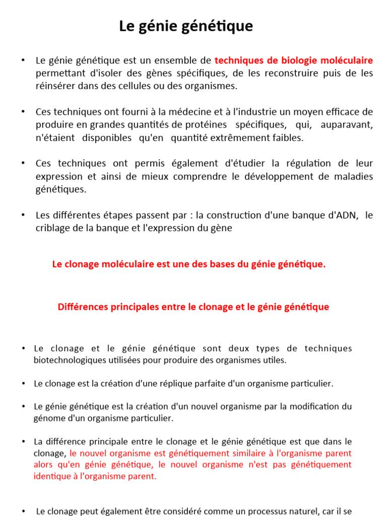 Clonage et génie génétique expliqués | PDF | Clonage | Génétique ...