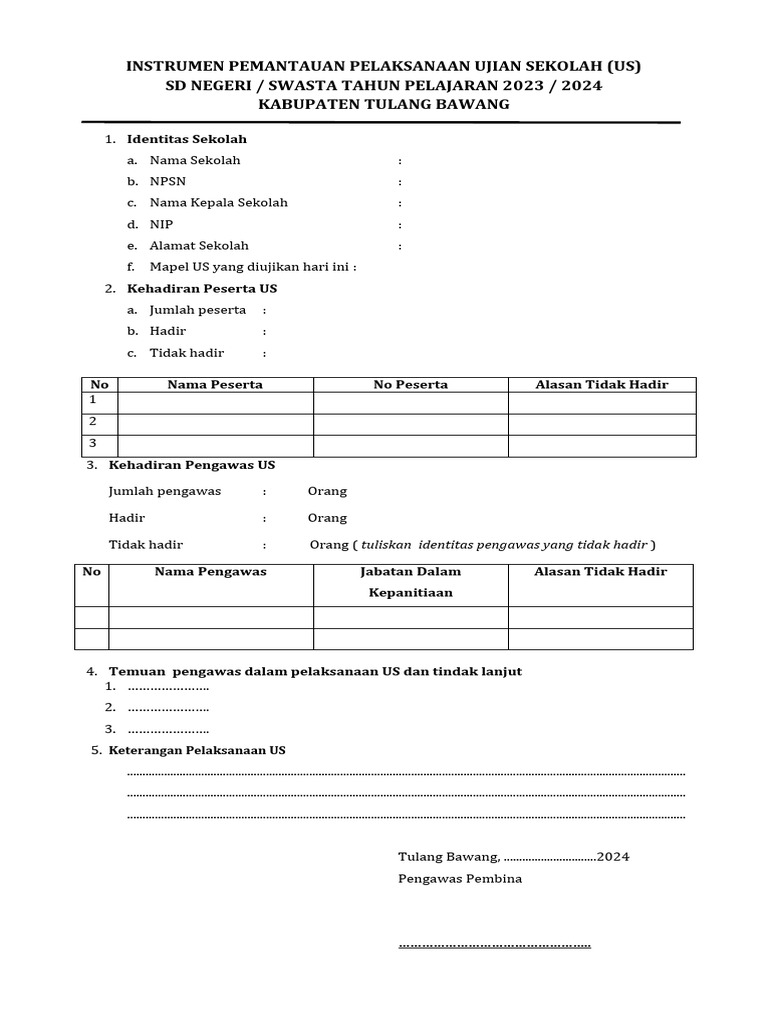 Instrumen Pemantauan Pelaksanaan Ujian Sekolah | PDF