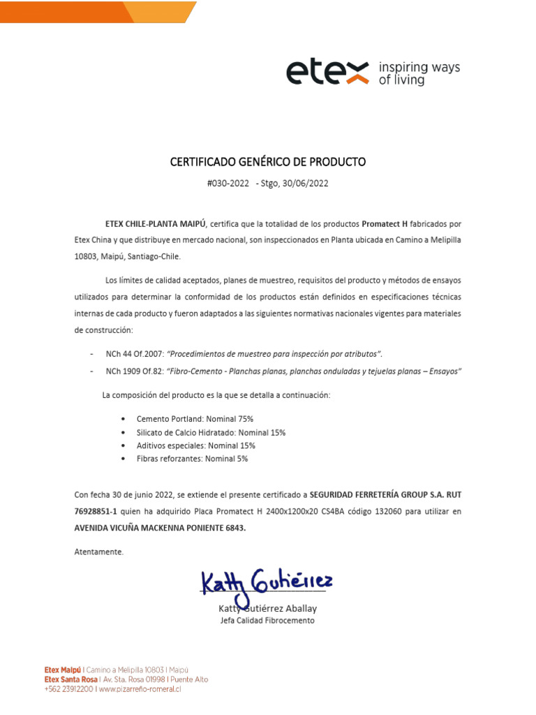 Certificado Placa Promatect H 20 MM | PDF