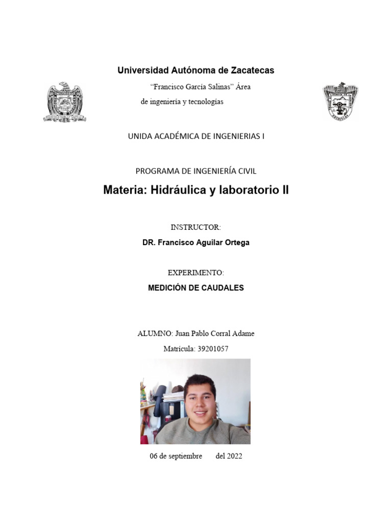 Reporte - Medicion de Caudales - Juan Pablo Corral Adame - 7c | PDF ...