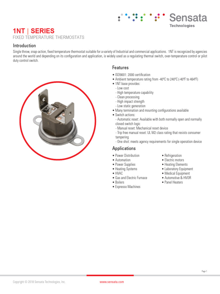 Sensata-1nt Series-Fixed Temperature Thermostats-Datasheet | PDF ...