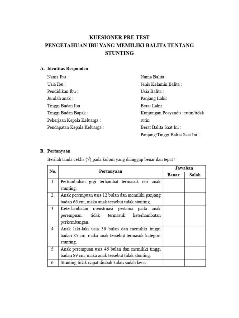 Pre Test - Kuesioner Pengetahuan Ibu Tentang Stunting | PDF