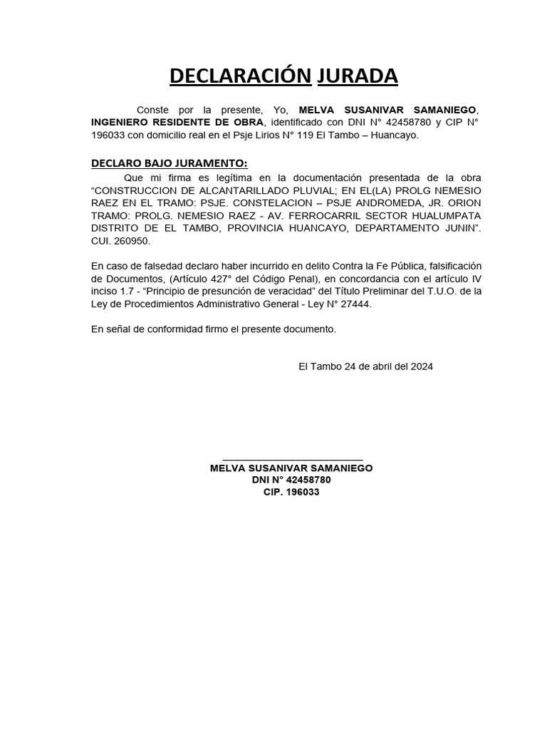 Modelos de Declaracion Jurada para Anexar A La Solicitud de Pase A Retiro | PDF | Política ...