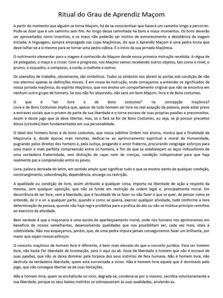 Ritual Do Grau de Aprendiz Maçom | PDF | Maçonaria | Loja Maçônica