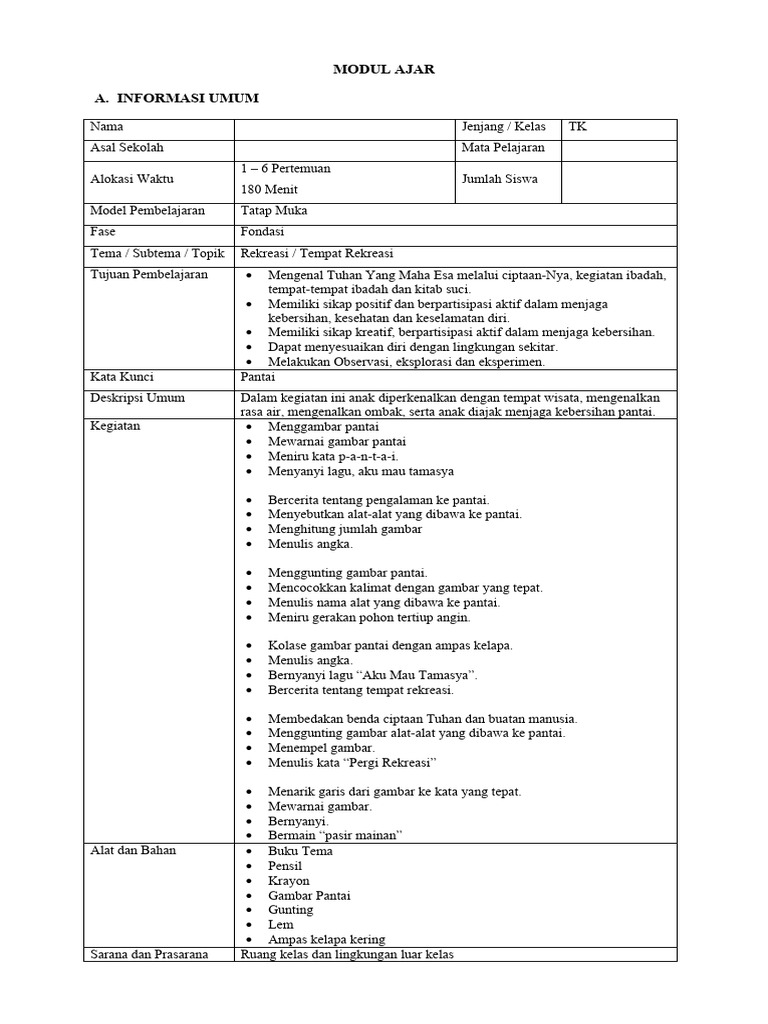 MODUL AJAR TEMA REKREASI SUBTEMA Tempat Rekreasi | PDF
