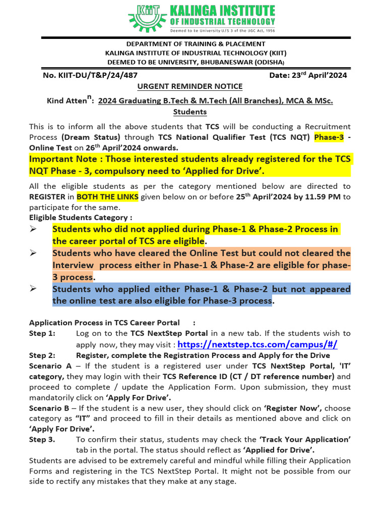 Urgent Reminder Notice - Registration For TCS NQT (Phase-3) Recruitment ...