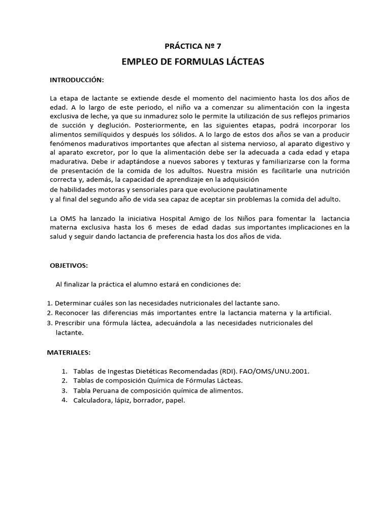 Práctica 7 - Fórmulas Lacteas | PDF | Amamantamiento | Leche