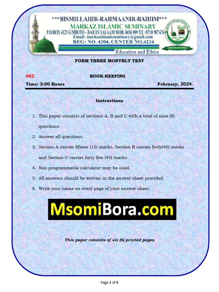 F3 Book Keeping Monthly Test Feb 2024 | Download Free PDF | Debits And ...