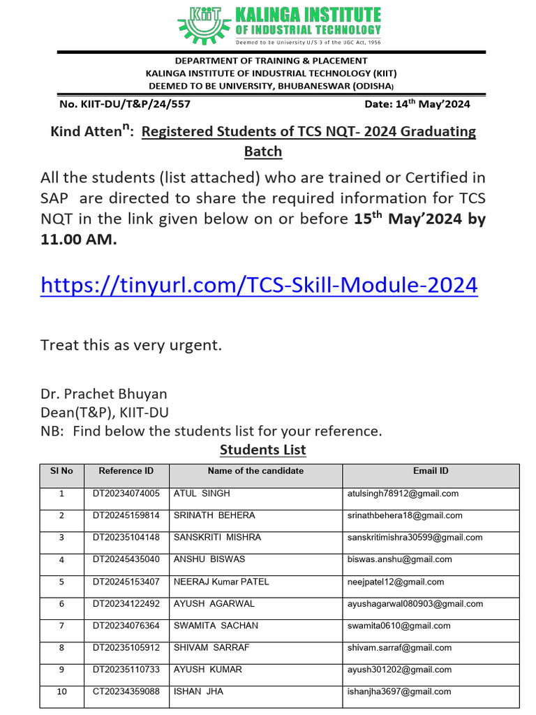 Share The Required Information For TCS NQT 2024 Graduating Batch | PDF