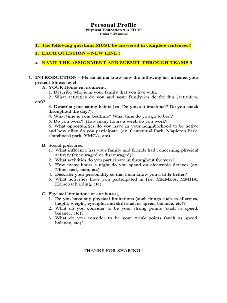 Assignment - 1 Personal Profile Gr. 9 and 10 | PDF