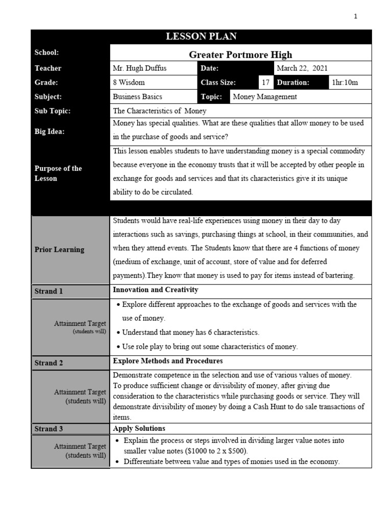 Money Management Characteristics Lesson | PDF | Money | Teachers