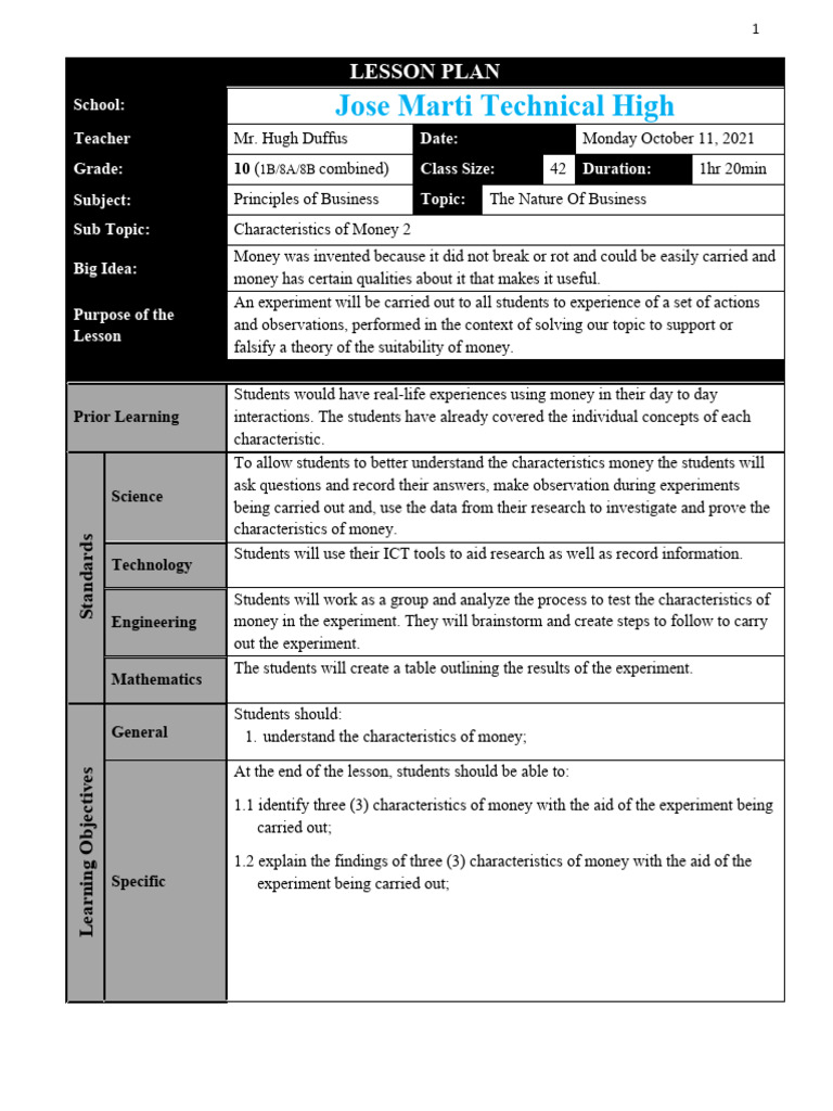 Lesson Plan-6-Grade 10-POB-The Characteristics of Money Exp - Oct. 11 ...