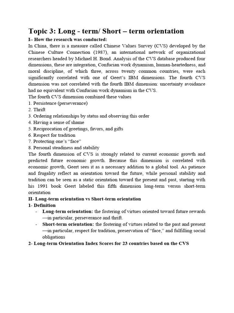 Topic 3 - Long - Term - Short - Term Orientation | PDF | Thought | Divorce