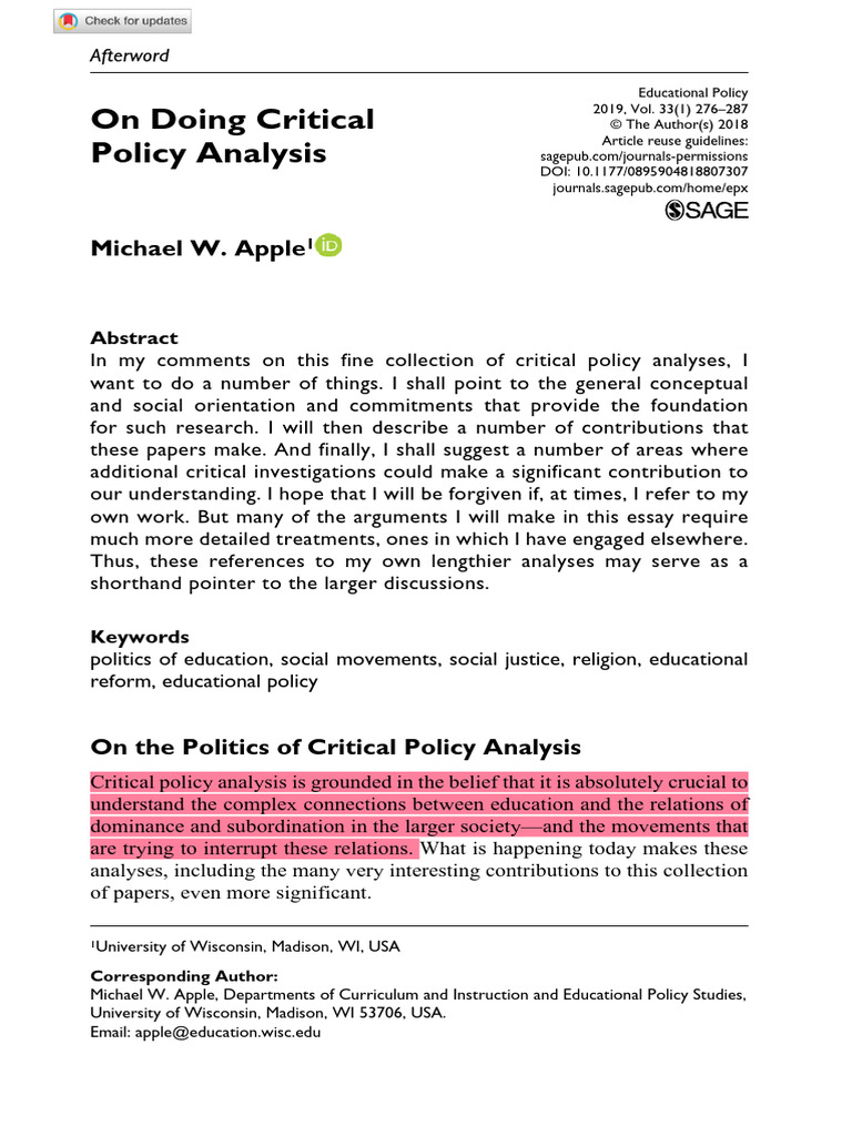 Apple 2018 On Doing Critical Policy Analysis | PDF | Intersectionality | Qualitative Research