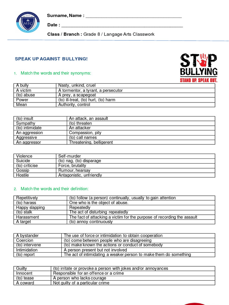 Speak Up Against Bullying: Vocabulary Guide | PDF | Language Arts ...