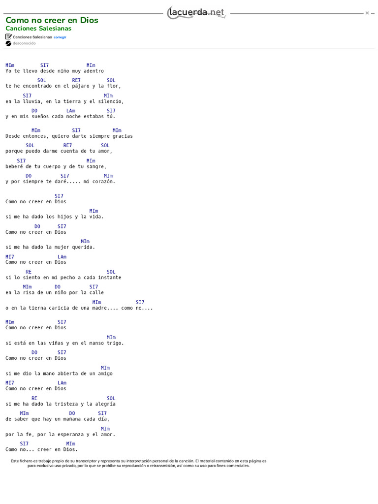 COMO NO CREER EN DIOS, Canciones Salesianas - Acordes | PDF