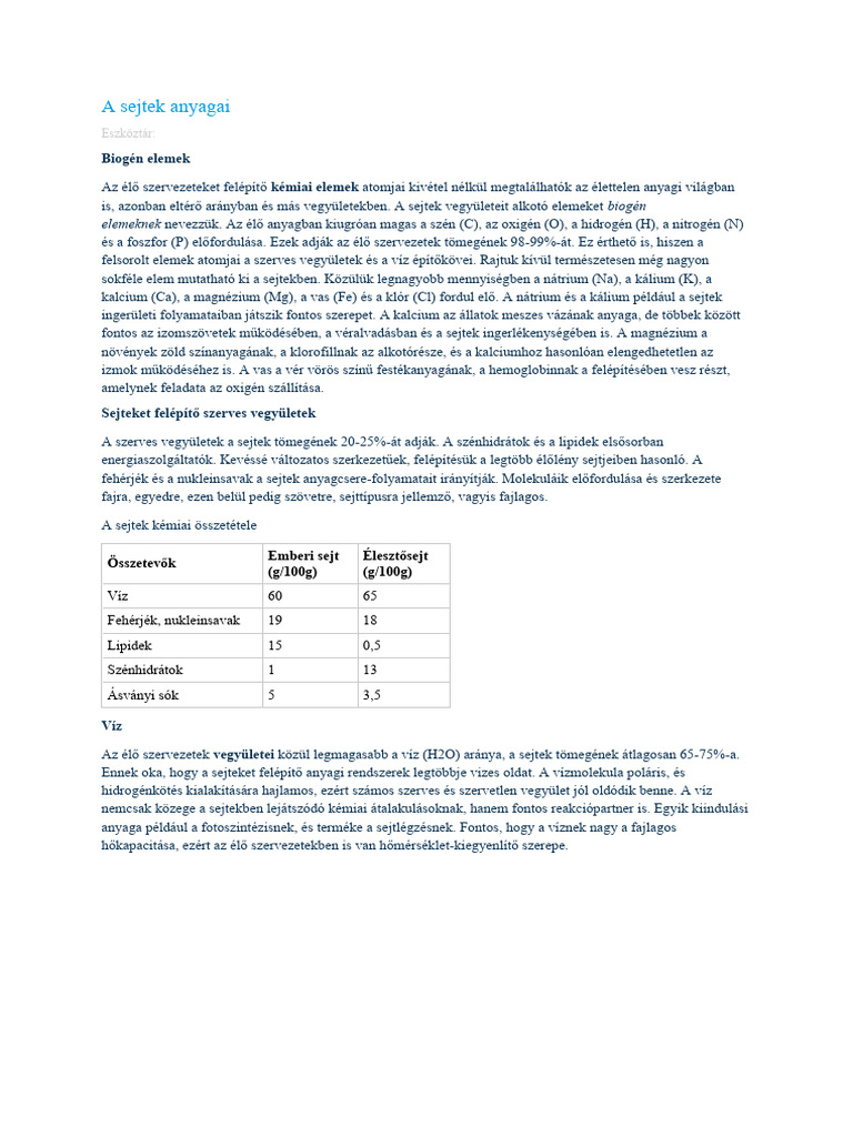 A Sejtek Anyaga Biogén Anyagok | PDF