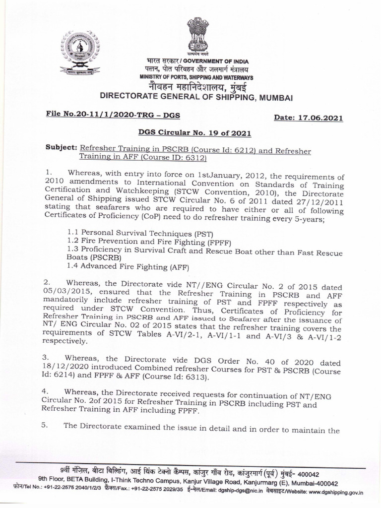 AFF PSCRB Ref Course - DGS Circular 19 of 2021 | PDF