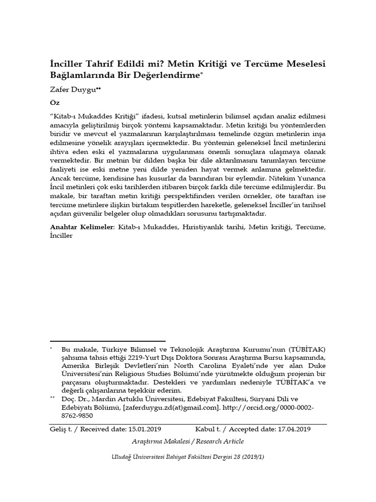 Nciller Tahrif Edildi Mi Metin Kriti I Ve Terc Me Meselesi Ba Lamlar Nda Bir de Erlendirme ...