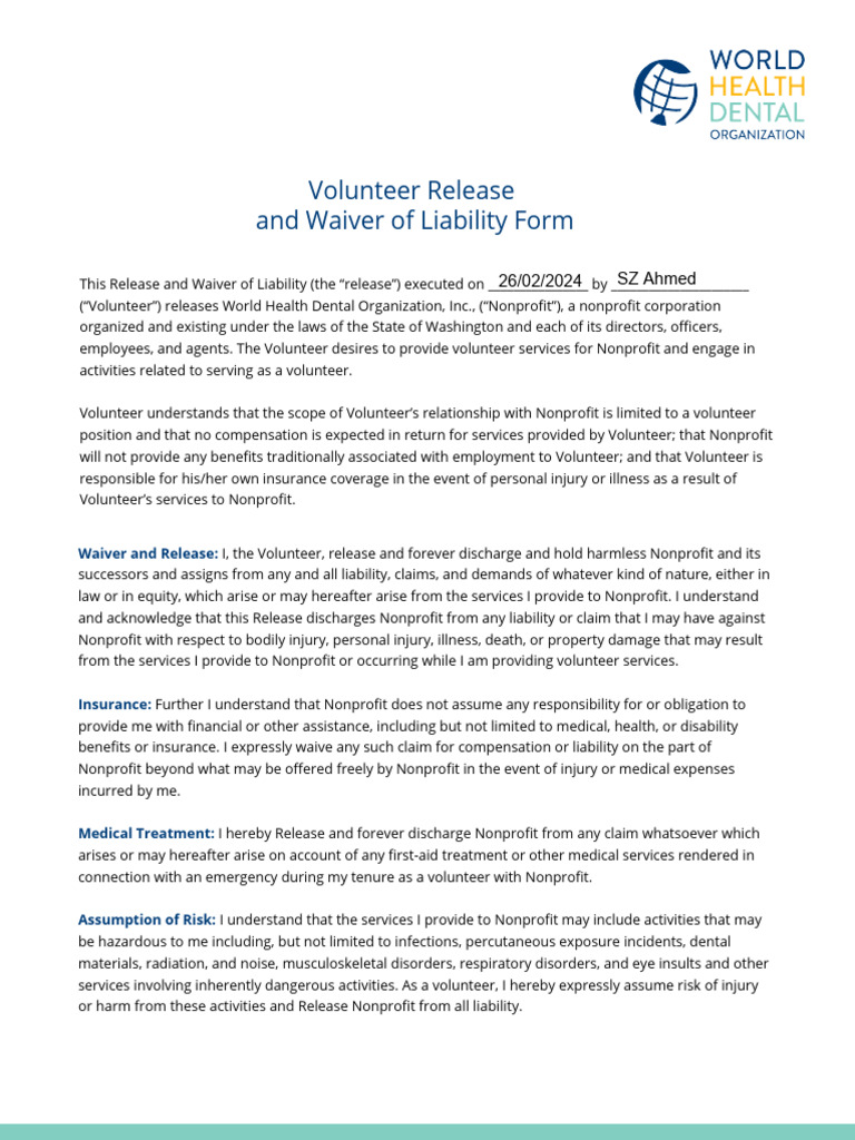Volunteer Release and Waiver of Liability Form Filled | PDF | Liability ...