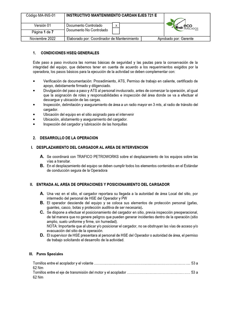 MA-INS-01 Instructivo MTO Cardan EJES721 E | PDF | Tornillo | Eje