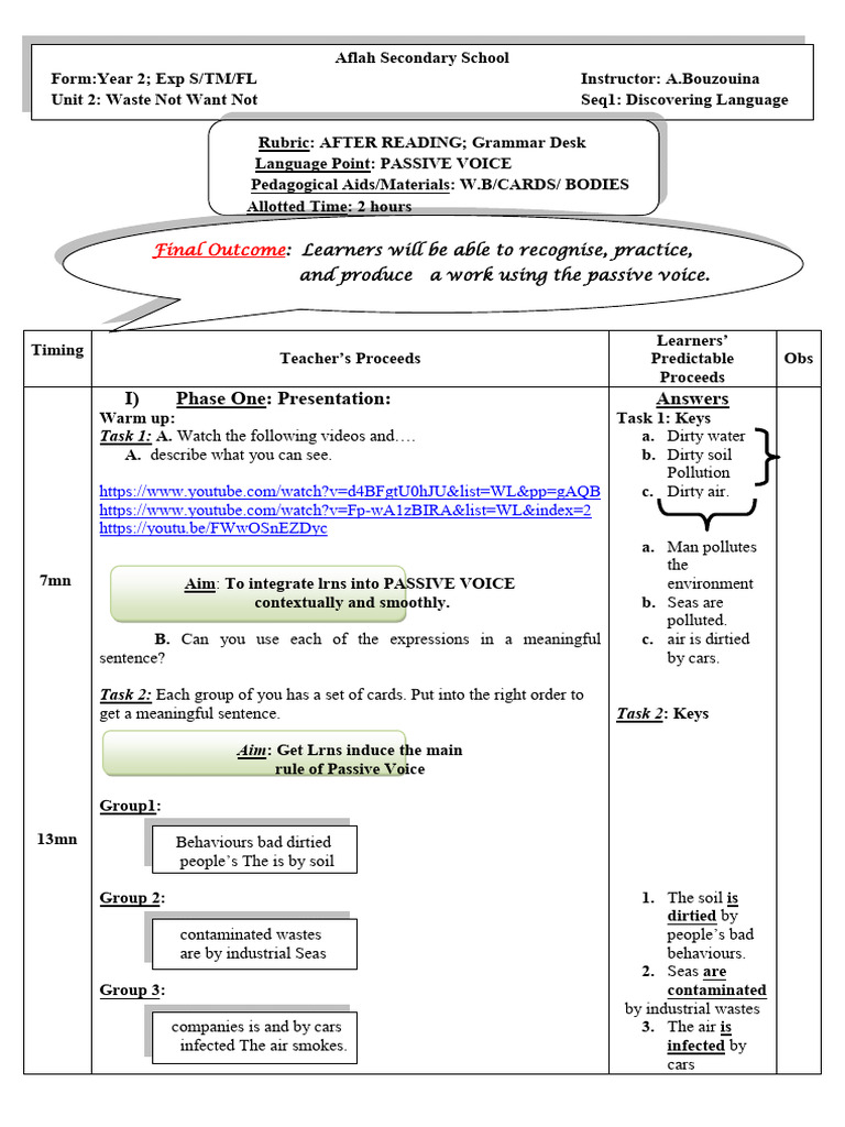 2 A S Unit 2lesson Plan Passive Voice | PDF | Verb | Linguistics