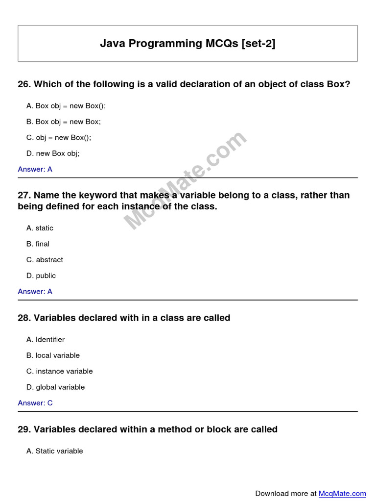 Java Programming Solved Mcqs Set 2 Pdf Method Computer Programming Class Computer