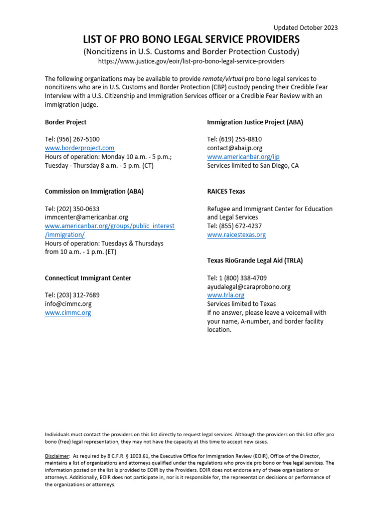 Eoir Pro Bono List For CBP - May2023 | PDF | Immigration To The United ...