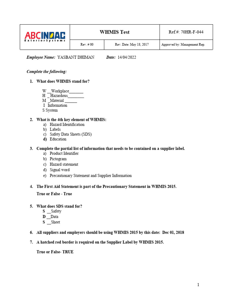 70HR-F-044 WHMIS Test | PDF | Hazards | Safety
